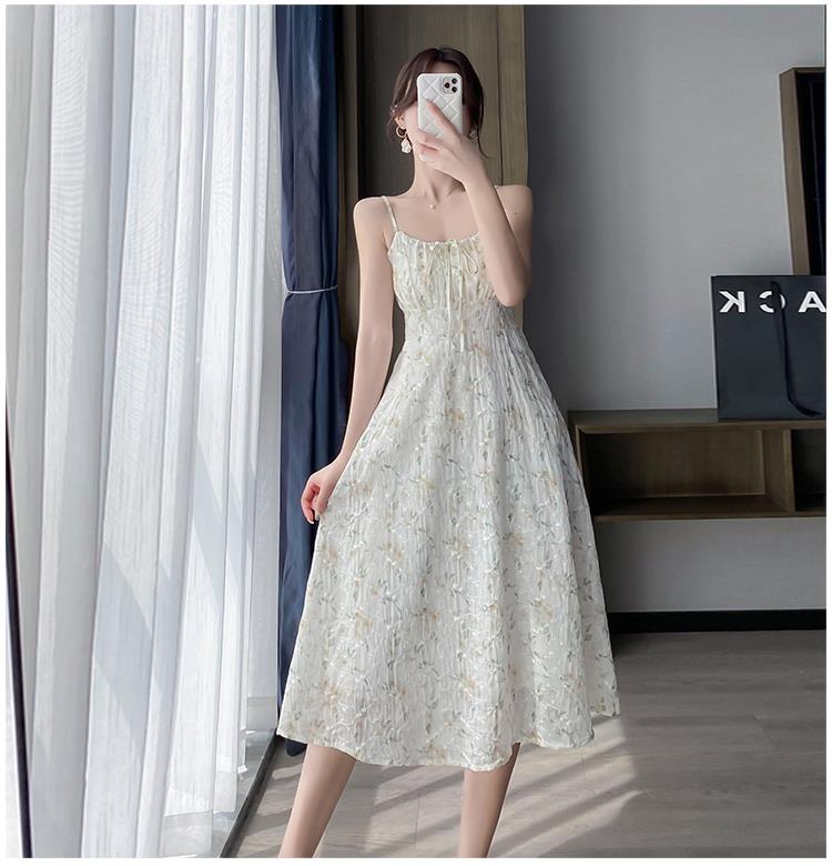 비스켓바스켓 앞 셔링 리본 끈 스모크 로맨틱 민소매 끈나시 얇은끈 뷔스티에 러블리 바캉스 휴양지 롱 원피스