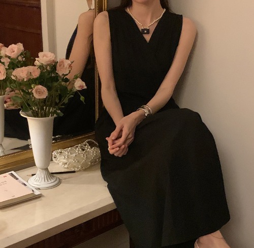 Yy 여성 나시 롱 원피스 랩 스타일 플레어 브이넥 민소매 주름 어깨 핀턱 휴양지 썸머 멋스러운 우아 페미닌 데일리 캐주얼