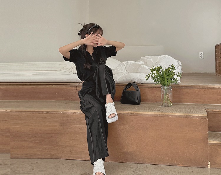 리리앤코 무료배송 써포티니 바스락 배색 지퍼 뒷밴딩 투피스 세트 여름 신상 썸머룩 데일리룩 캐주얼룩 유니크룩 긴바지 지퍼바지 나일론 장마룩 스트링 투웨이지퍼 카라셔츠