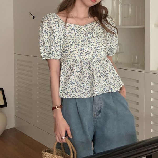 데일리언니 플라워 스퀘어넥 퍼프 슬리브 블라우스 캐주얼 캐쥬얼 캠퍼스룩 대학생룩 데이트룩 오피스룩 소개팅룩 데일리룩