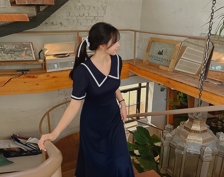 리리앤코 브엔트리 배색 세일러 카라 뒷리본 롱 원피스 여름 신상 썸머룩 데일리룩 데이트룩 여행룩 휴가룩 바캉스룩 빅사이즈 러블리 A라인 군살커버 어깨셔링 배색원피스