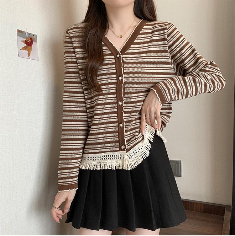 베이지하루 ~ 넉넉하게 4xl까지 스트라이프 여자 넥프릴 여성 가디건 복고풍 레트로 여자 상의 탑 카디건 마이 니트 니트탑 니트가디건 버튼 캐주얼 올매치 데일리룩 여친룩