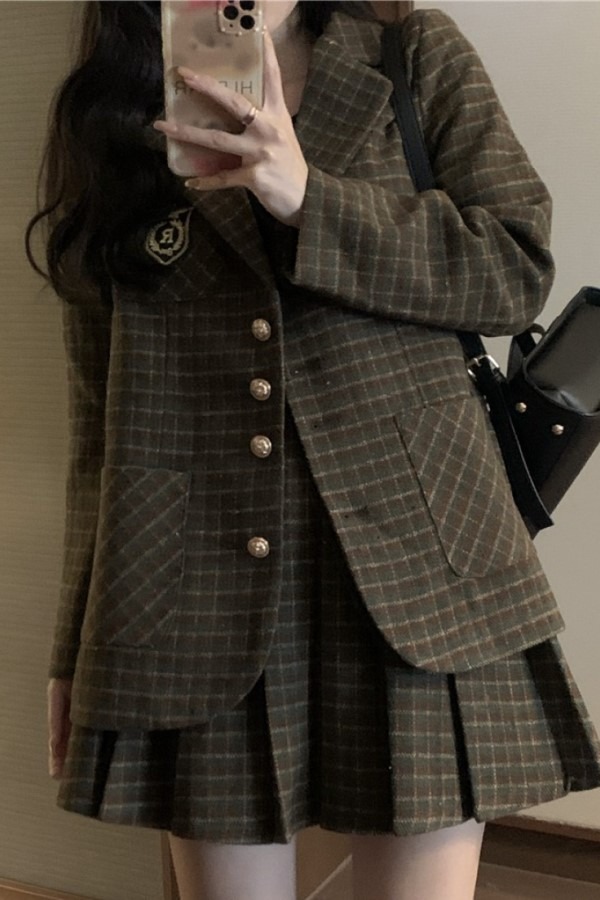 핑크프릴 Set 체크 패턴 브이넥 긴팔 롱슬리브 모직 정장 자켓 플리츠 미니 스커트 투피스 세트