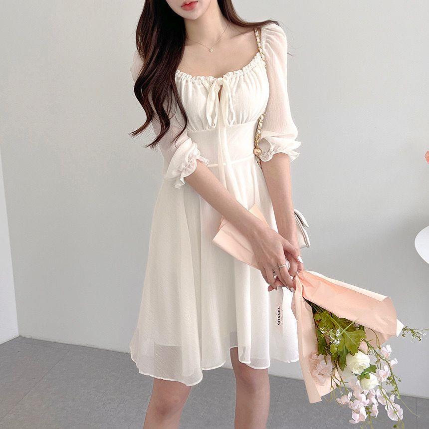 쉬폰 미니 원피스 여름 간절기 가을 셔링 주름 리본 칠부 퍼프 소매 시스루 여성 여자 결혼식 피로연 하객룩 상견례 모임 소개팅