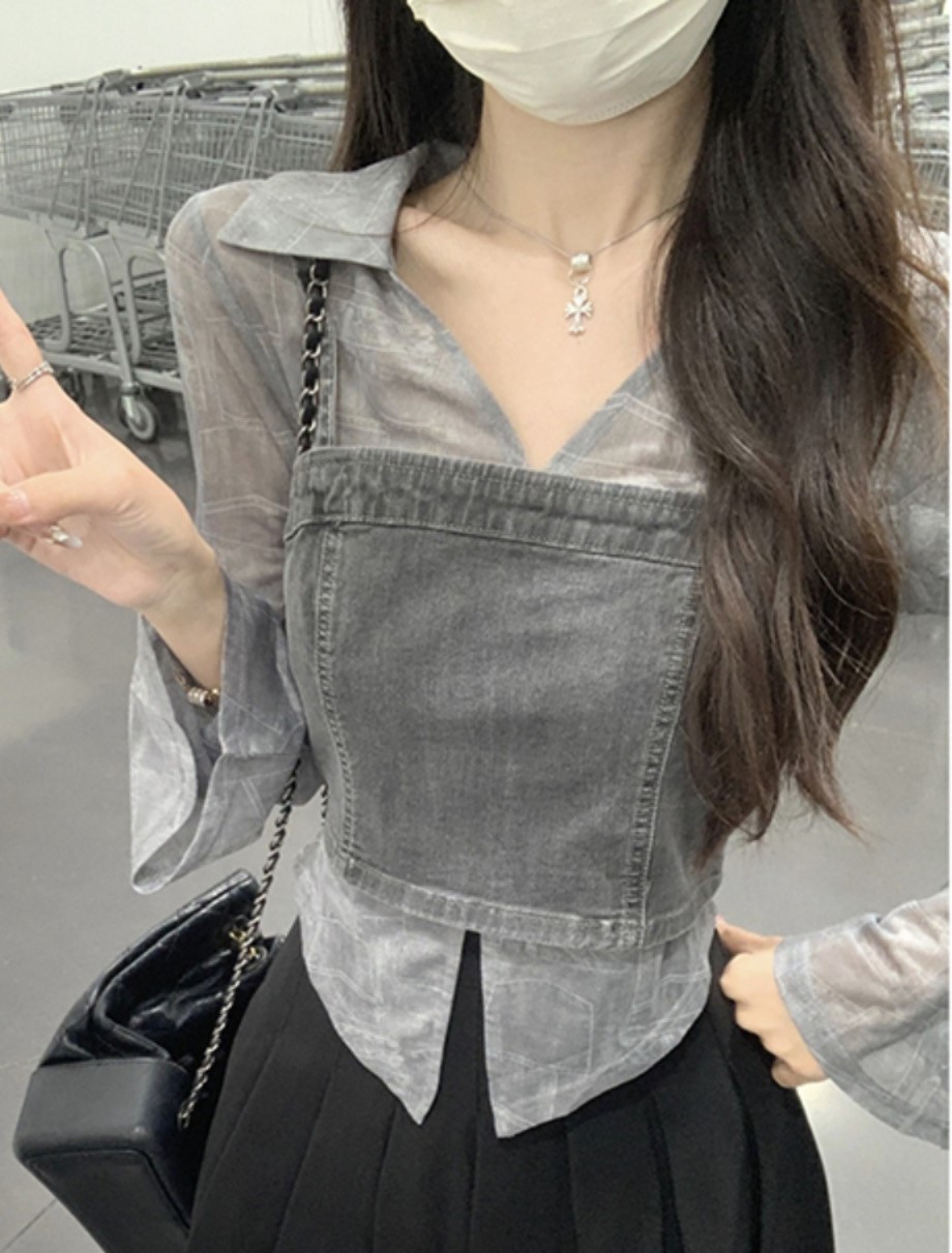 세트구성 레키 그레이 크렉 시스루 카라 브이넥 긴팔 셔츠 데님 흑청 멜빵 끈 뷔스티에 캐주얼 Y2k 유니크 가을 나시 투피스