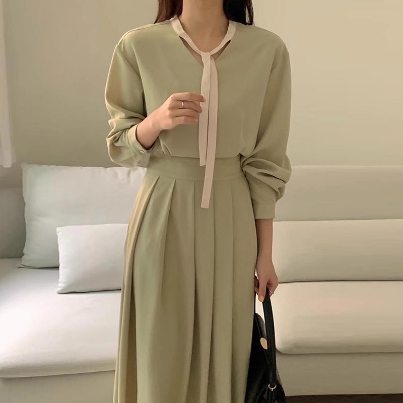 베이지하루 단아함의 정석 러블리 깔끔한 길팔 쉬폰 롱원피스 하이웨이스트 허리밴딩 플리츠 주름 플레어 넥타이 백버튼 스티치