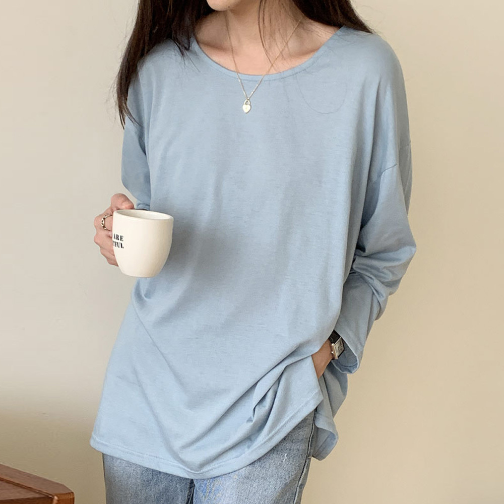유야 무지 라운드넥 긴팔 트임 롱 티셔츠 기본티 이너티 간절기 데일리룩 캐주얼 Ts0156 빅사이즈 루즈핏 봄 가을