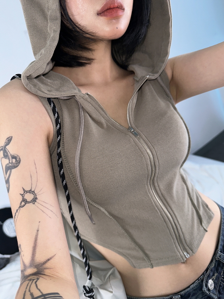 키미스 y2k 언발 핀턱 라인 크롭 후드 베스트 집업(3color)