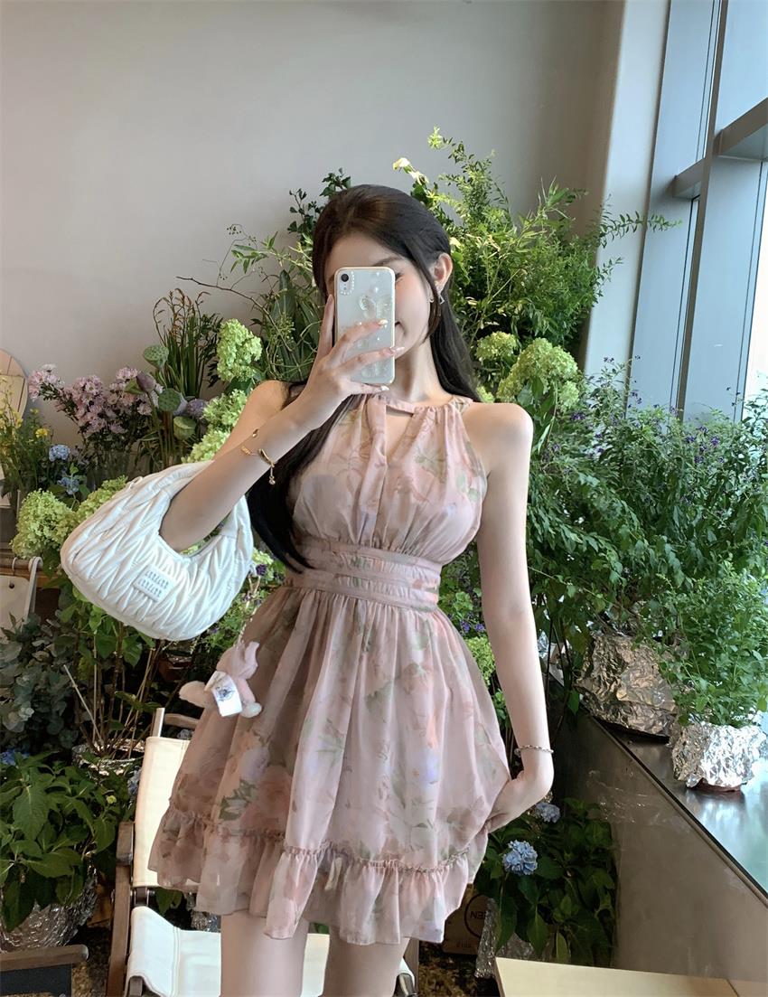 비스켓바스켓 쉬폰 홀더넥 플라워 패턴 시스루 러플 허리 포인트 홀터넥 민소매 로맨틱 미니 숏 페미닌 원피스