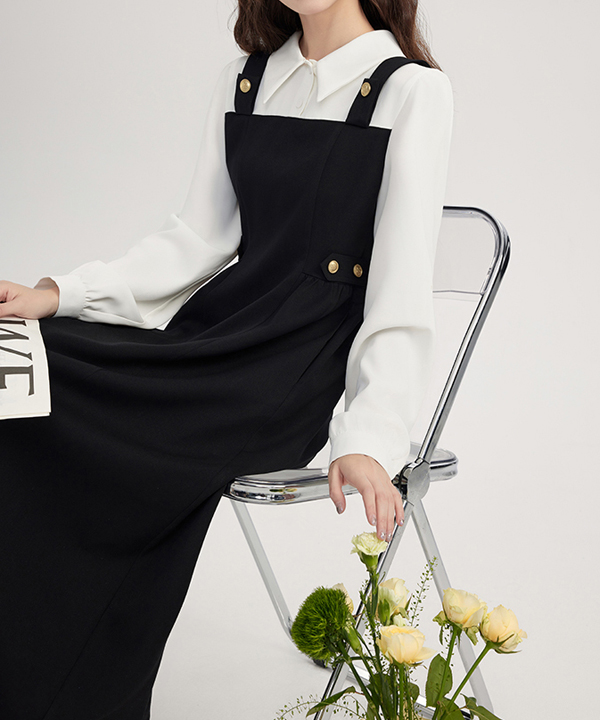 투피스같은 원피스 카라넥 퍼프 긴팔 긴소매 서스펜더 멜빵 반단추 셔츠 골드버튼 하이웨스트 주름 개더 롱원피스 가을 환절기 단정한 레트로 복고풍 하이틴 대학생 캠퍼스룩