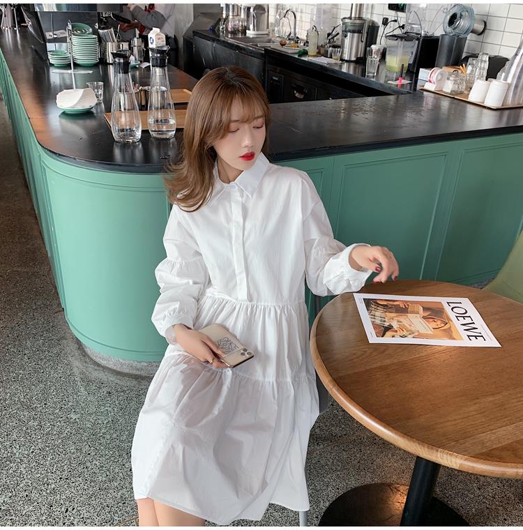 베이지하루 화이트 블랙 셔츠 미디 원피스 가을 카라 셔링 주름 플레어 A라인 긴팔 여름 간절기 여자 여성 간절기코튼 바캉스룩
