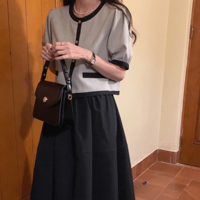 클라우드나인 여름신상하객룩데이트룩 배색 반팔 퍼프 트위드자켓 블랙 플레어스커트 투피스 셋업 하이웨스트 A라인 롱스커트 정장투피스 결혼식 하객룩세트 정장세트 오피스