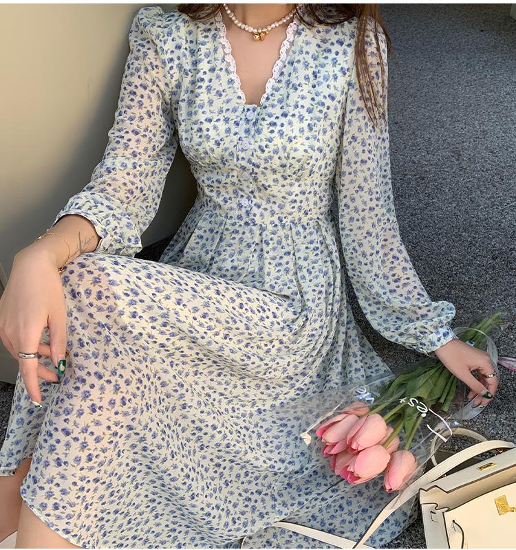 여성 꽃무늬 가을 미디 원피스 긴팔 브이넥 셔링 주름 플라워 프린트 A라인 잔꽃 여름 간절기 여자 30대 40대 레이디 20대 상견례 소개팅 하객룩 바캉스 봄 복고 바캉스룩