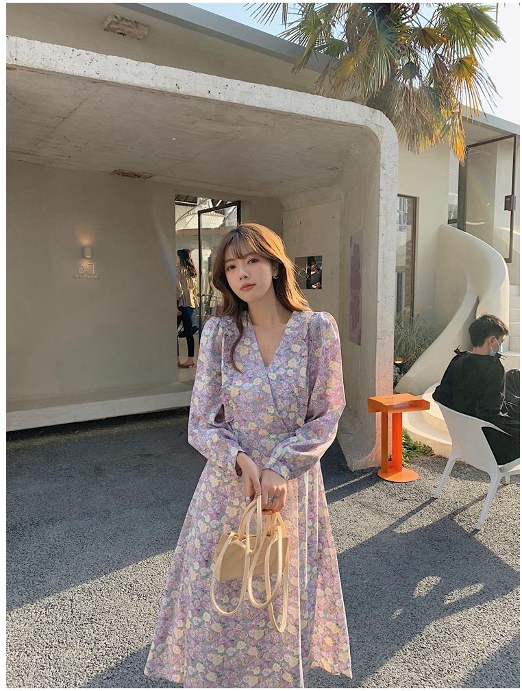 베이지하루 꽃무늬 가을 미디 원피스 여성 긴팔 브이넥 랩원피스 20대 여친룩 데일리 긴팔 레이스 셔링 주름 플라워 프린트 A라인 잔꽃 여름 간절기 여자 30대 40대 레이디