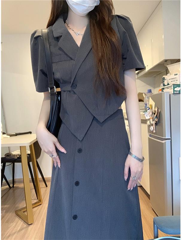 핫세일당일발송 투피스 세트 언발 카라 반팔 여름 세미 캐주얼 정장 자켓 Jk 롱 스커트 치마 단추 셋업 Set 081807