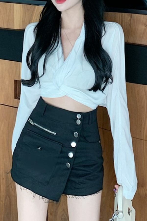 핑크프릴 Set 폴로 카라 크로스 브이넥 긴팔 롱슬리브 크롭 블라우스 퀼로트 미니 스커트 투피스 세트