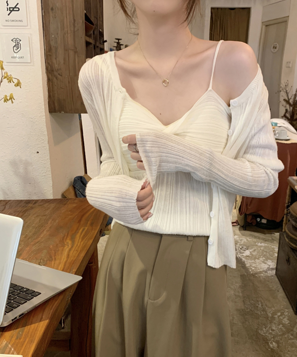 포앤바이앤 끈나시탑 가디건 투피스 스트랩 골지 솔리드 단색 요루 잔주름 슬림핏 꼬임 나시티 And 라운드넥 여리핏 숏 가디건 세트 가을 간절기 여성스러운 여리여리