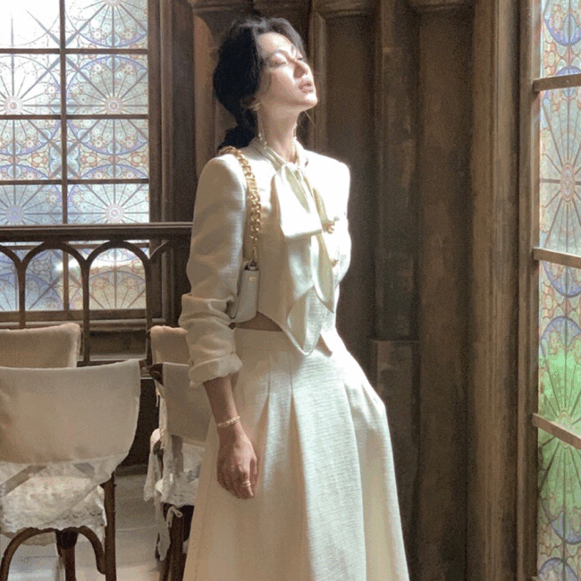 가을신상하객룩데이트룩 우아한 스카프 긴팔 트위드자켓 하이웨스트 플레어스커트 투피스 셋업 A라인 롱스커트 정장투피스 결혼식 하객륵세트 정장세트 오피스룩 20대 30