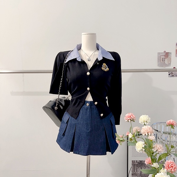 이프유마인 당일발송 Y2k하이틴유니크 일체형 봄 리치 스쿨 자수 와펜 패치 단가라 스트라이프 셔츠 카라 벌룬 퍼프 레이어드 이너 무지 긴팔 크롭 니트