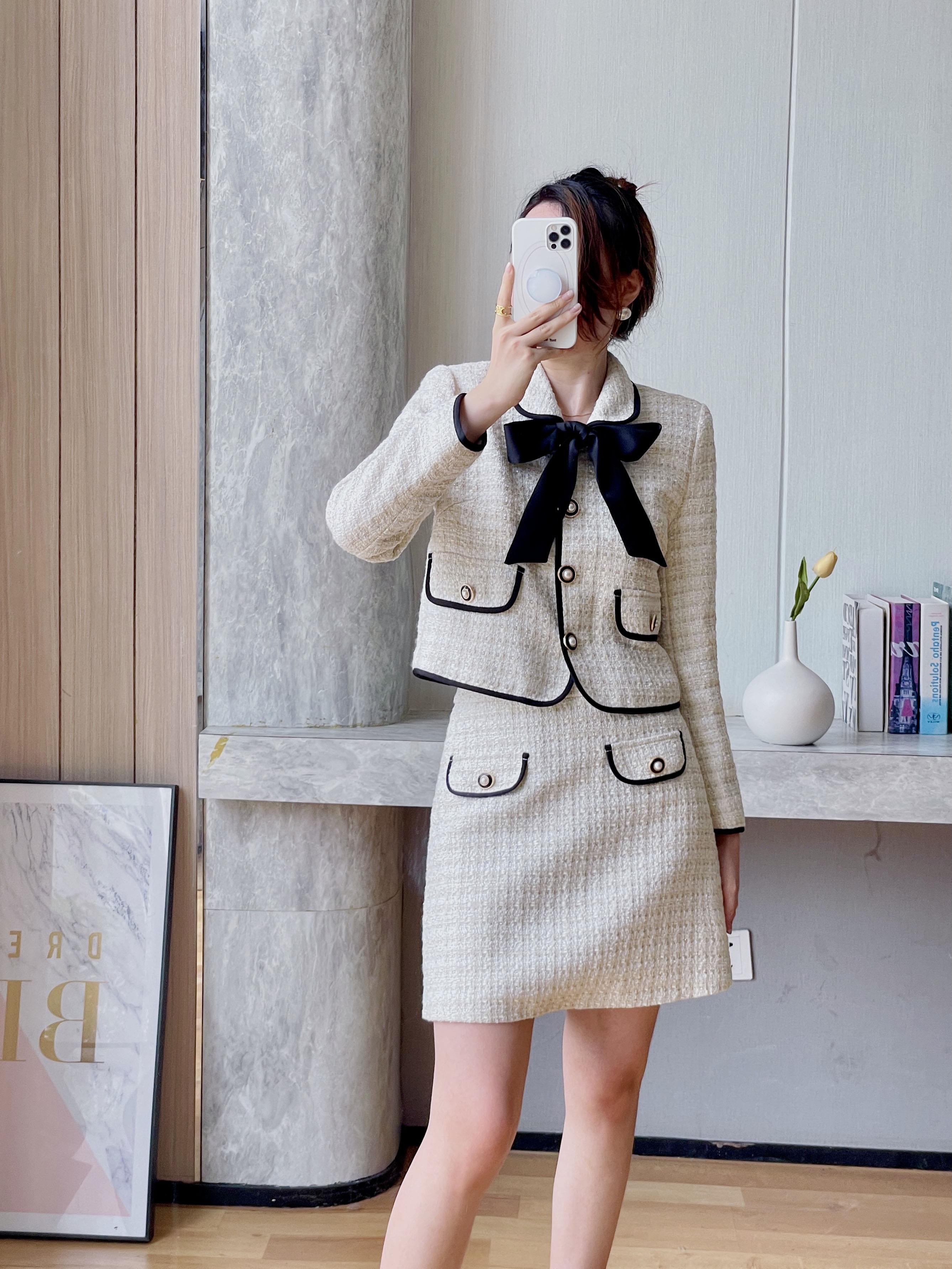 비비드루루 수입 리본넥타이 탈부착가능 여성투피스 가을투피스 트위드자켓 A라인 미니 미디 정장스커트 세미정장 하객룩 오피스룩 페미닌룩 상견례룩 여친룩 데이트룩