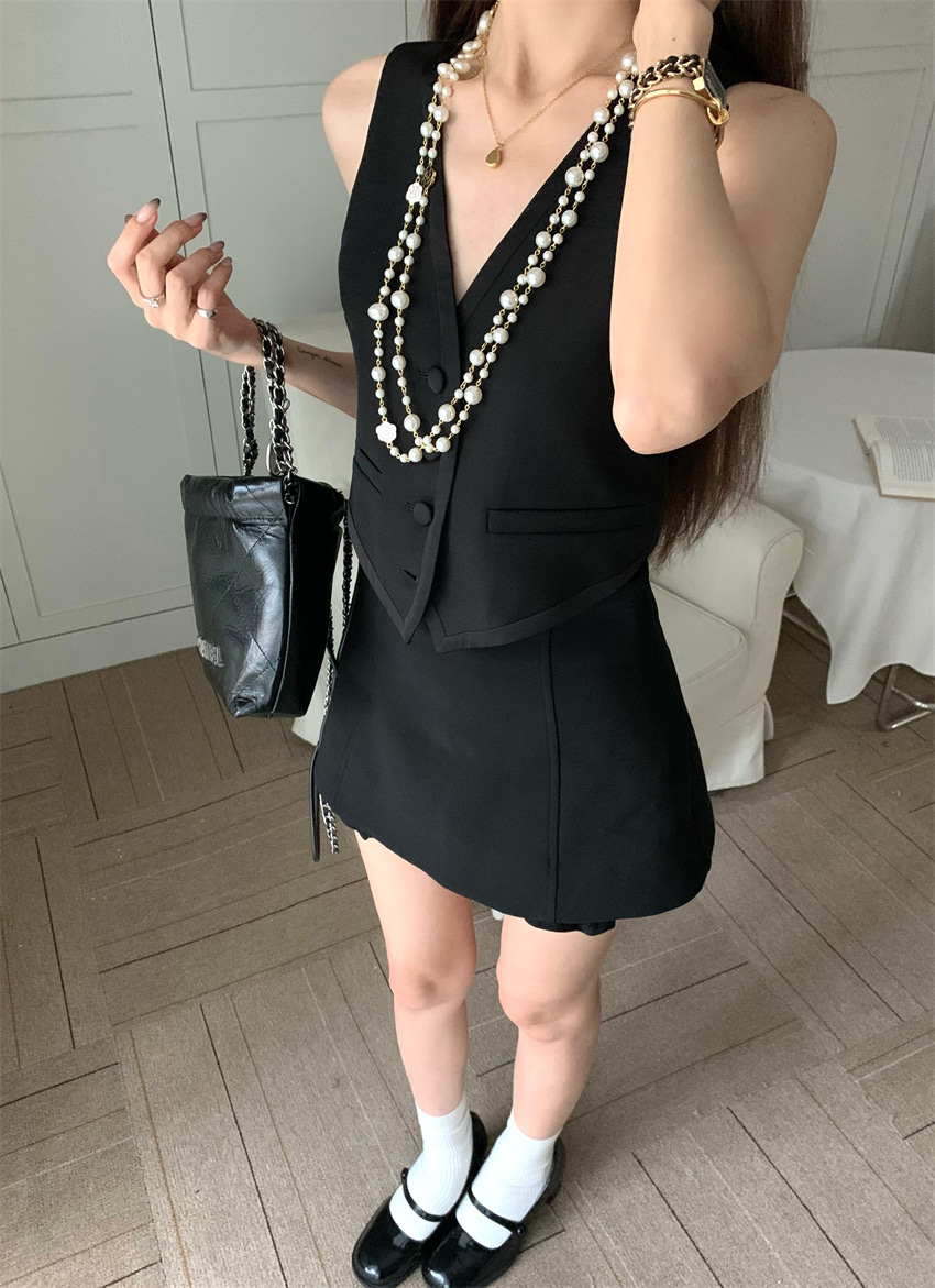 조이얼랏 조끼당일발송 블랙 조끼 스커트 투피스 시크 정장 셋업 베스트 미니 스커트 하카마 Set 230110