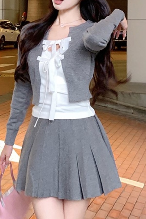 핑크프릴 Set 신디 긴팔 롱슬리브 스트랩 리본 니트 가디건이너 나시플리츠 미니 스커트 3p세트