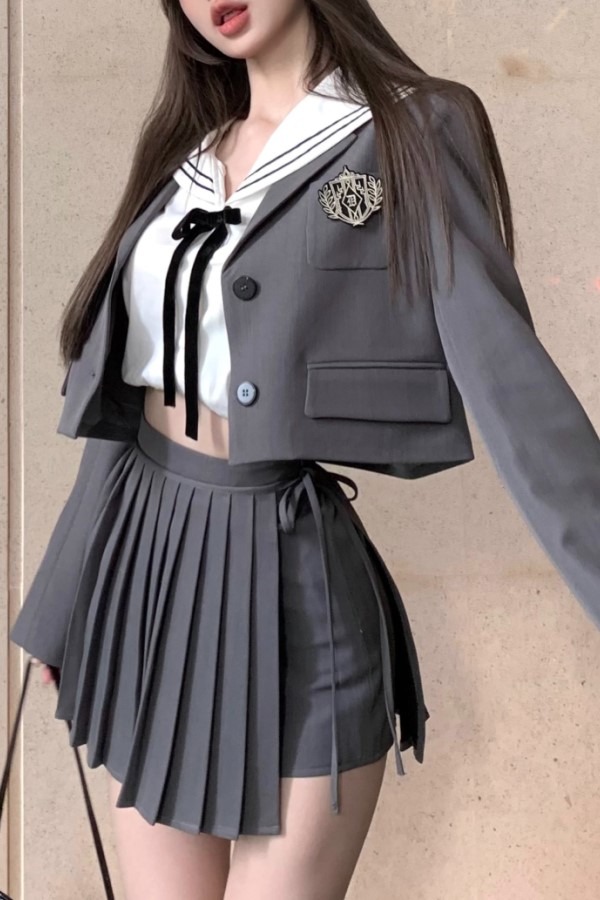 핑크프릴 Set 와팬 긴팔 롱슬리브 숏 자켓세일러문 카라 긴팔 셔츠플리츠 랩 미니 스커트 3p세트