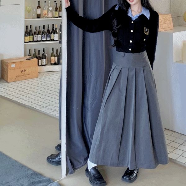 데일리언니 코디세트브이넥 자수 패치 짜임 디테일 니트 가디건스트라이프 슬림 셔츠핀턱 플리츠 롱스커트 세트 셋업룩 코디룩 데이트룩 소개팅룩