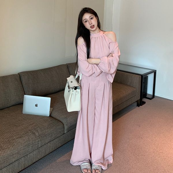 코지문 코디세트오프숄더 블라우스플리츠 와이드 팬츠 투피스 세트 러블리룩set 코디룩 데일리 데이트
