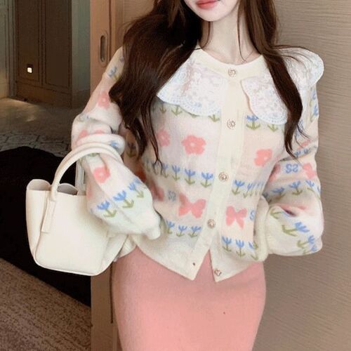 레이스 카라 플라워 라운드 버튼 니트 가디건 베이직 데일리 러블리 데이트 가을 봄 겨울 여성가디건 캐주얼 코디룩