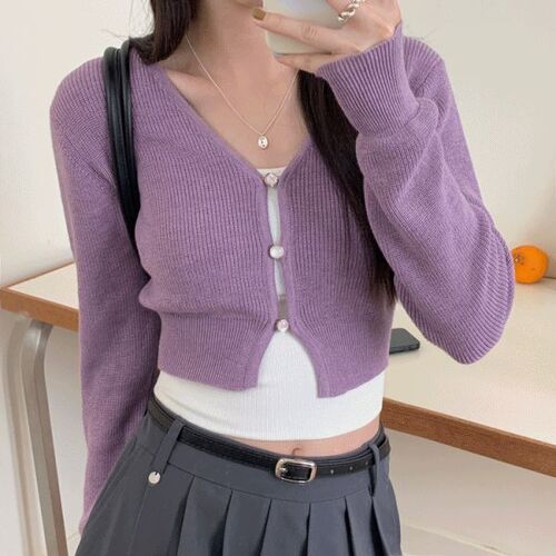 브이넥 큐빅 버튼 트임 디테일 슬림 가디건 베이직 데일리 러블리 데이트 가을 봄 겨울 여성가디건 캐주얼 코디룩