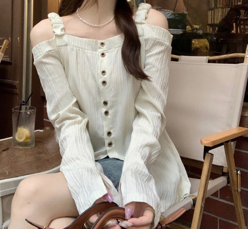 그리고 Yy 여성 어깨 트임 블라우스 버튼 셔츠 밴딩 오프숄더 스트라이프 하객룩 러블리 데일리 캐주얼 스타일