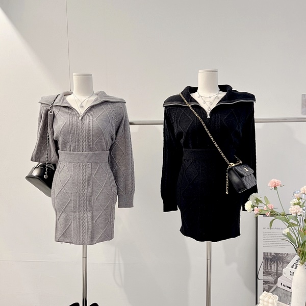 이프유마인 니트스커트set페미닌 겨울 베이글 오버핏 하이넥 카라 크롭 꽈배기 니트 집업 맨투맨 밴딩 미니 스커트 투피스 세트 2color