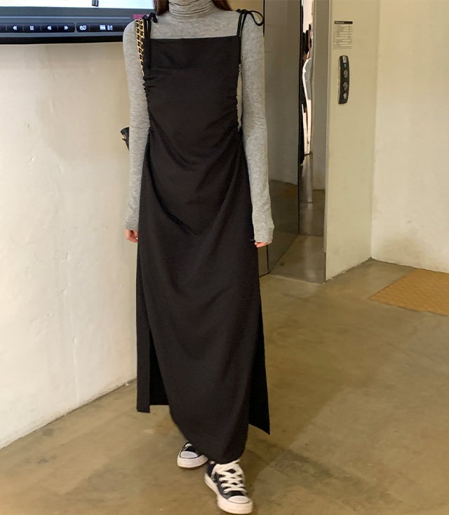 삐뽕언니 시카 셔링끈 원피스2color 가을원피스 레이어드원피스 롱원피스 허리스트링 끈나시 나시원피스 절개 트임 롱스커트 뷔스티에원피스 간절기원피스 블랙원피스 리본끈 얇은끈