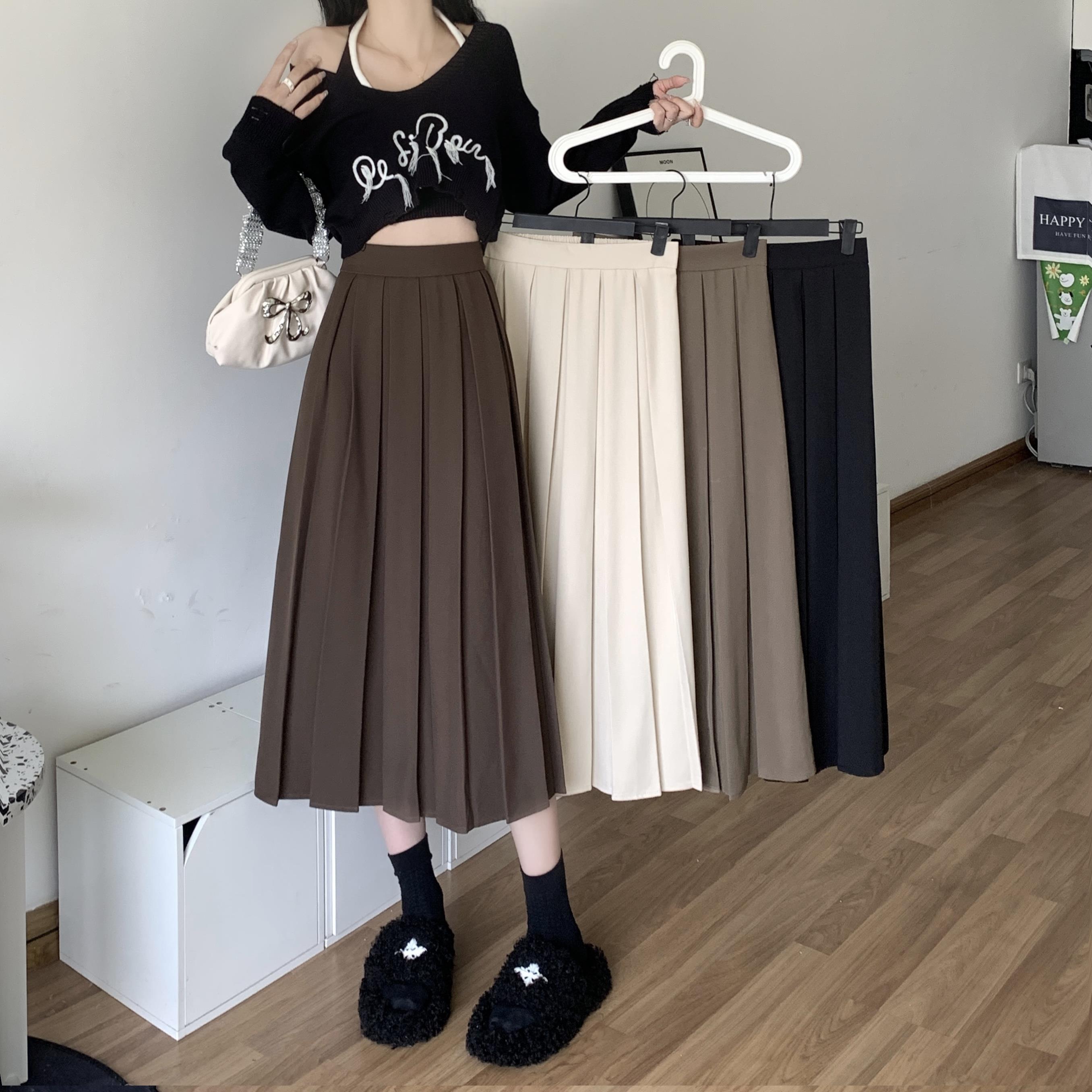 폴시띠아 5color 하이웨스트 밴딩 플리츠 주름 찰랑찰랑 A라인 플레어 롱 미디 스커트 베이직 심플 캐주얼 오피스룩 편안한치마