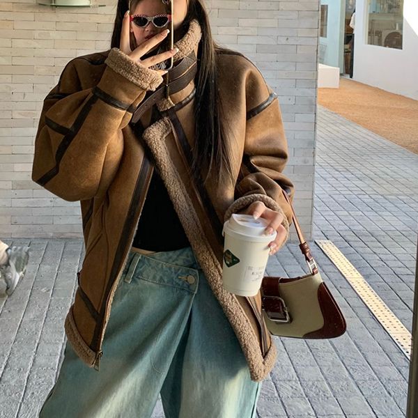 하이넥 더블 버클 기모안감 무스탕 자켓 마이 여성 여자 데일리 데이트 캐주얼 가을 봄 겨울 점퍼 재킷 세미 정장