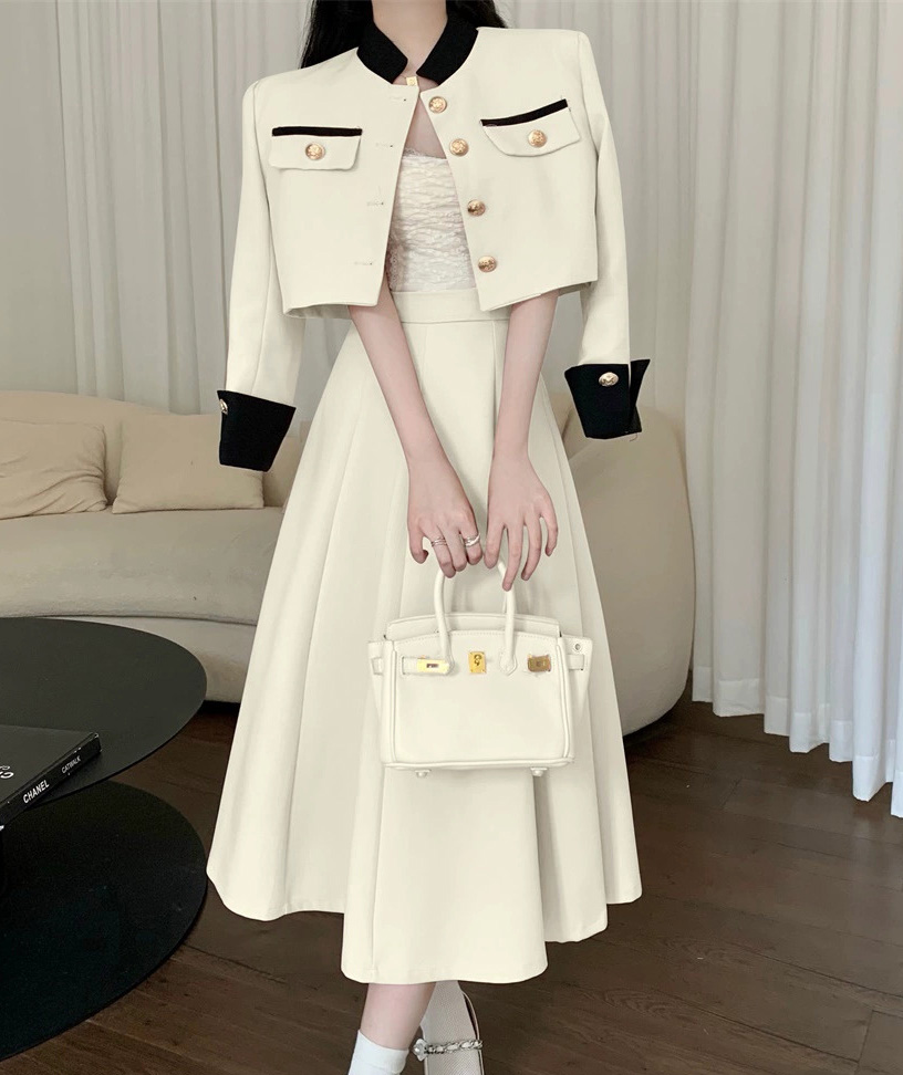 하객룩 격식 상견례 결혼식 셋업 투피스 연예인 금장 정장 자켓하이웨스트 롱 스커트 Set