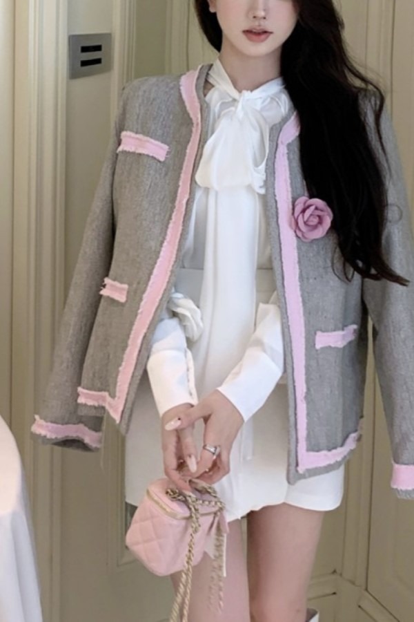 Set 그레이 긴팔 롱슬리브 정장 자켓오프숄더 긴팔 블라우스미니 스커트 3p세트코사지 포함