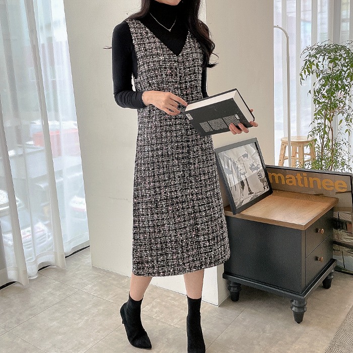 아이스크루 당일배송💕 하임 트위드 브이넥 빅사이즈 루즈핏 뷔스티에 롱원피스 원피스 데이트룩 하객룩 격식룩 가을원피스 신상원피스 나시원피스 트위드원피스 결혼식 오피스룩 출근룩