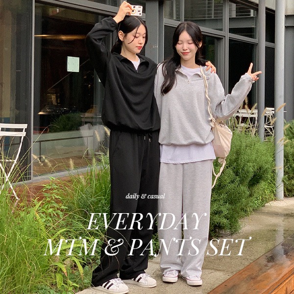 핫핑 편하게입어 루즈핏 반집업 맨투맨밴딩 와이드팬츠set44~100 가을 신상 홈웨어 트레이닝세트 세트 투피스 마실룩 원마일웨어 빅사이즈세트 캐주얼코디