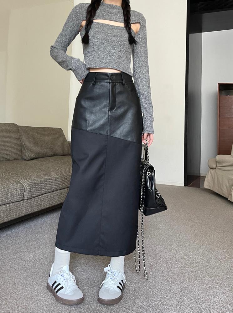 [3size] 가을 하이웨스트 핀턱 투톤 레더 트임 H라인 슬림 롱스커트 인조가죽 모던 베이직 오피스룩 복고 캐주얼 학생룩 캠퍼스룩 힙한 MZ 데일리룩