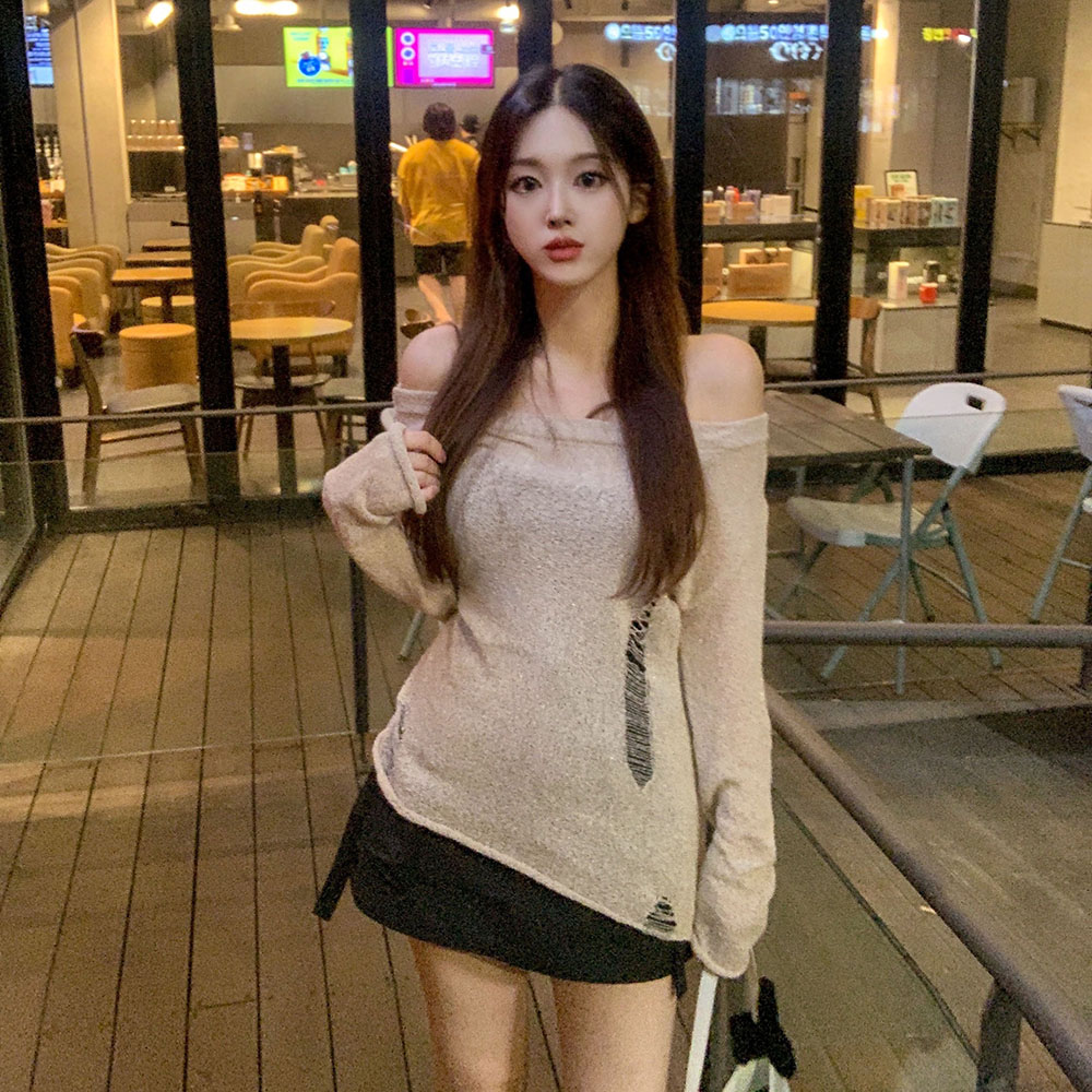 워너비뮤즈 무배🚀 여리힙💛오프숄더 여리여리 루즈핏 시스루 어깨 트임 롱 니트 빈티지 그물 롱 데미지 레이어드 입술넥 보트넥 박시 원피스 니트 세트 발레코어 2col