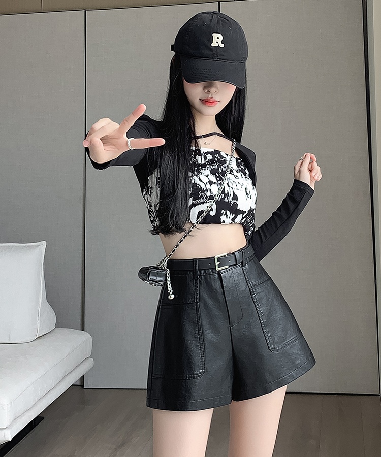 제이리본 핏예술 가을신상 레더팬츠 모던 시크 페이크레더반바지코디 가을 겨울 Pu 가죽 와이드핏 A라인 하이웨이스트 루즈핏 반바지 캐주얼 포켓 스트릿 핫걸룩 블랙 베이지 컬러