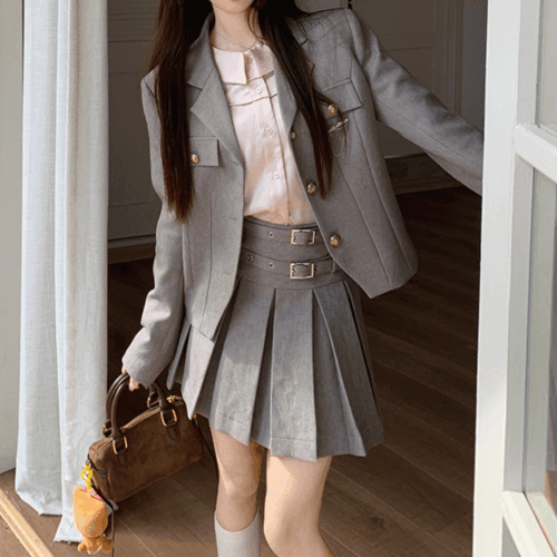 클로에랑 그레이 브이넥 카라 루즈핏 긴팔 자켓플리츠 미니스커트 정장 투피스 셋업 세트 가을신상 가을하객룩 하객투피스 데이트룩 캠퍼스룩