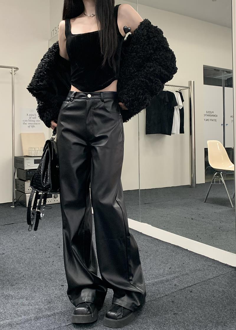 폴시띠아 2color 가을 하이웨스트 레더 롱 와이드팬츠 캐주얼 복고 학생룩 S~l까지 빅사이즈 가죽바지 인조가죽 포켓 힙한 Mz 캠퍼스룩 여친룩 데이트룩 일상룩 데일리룩