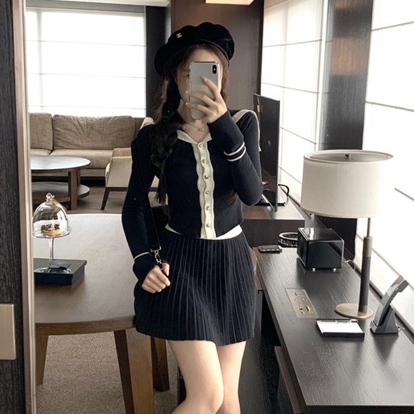 코지문 코디세트배색 슬림 카라 가디건플리츠 미니스커트 세트 가을 캐주얼 러블리 하객룩 상견례 결혼식 간절기 데이트 데일리 오피스룩 셋업 Set