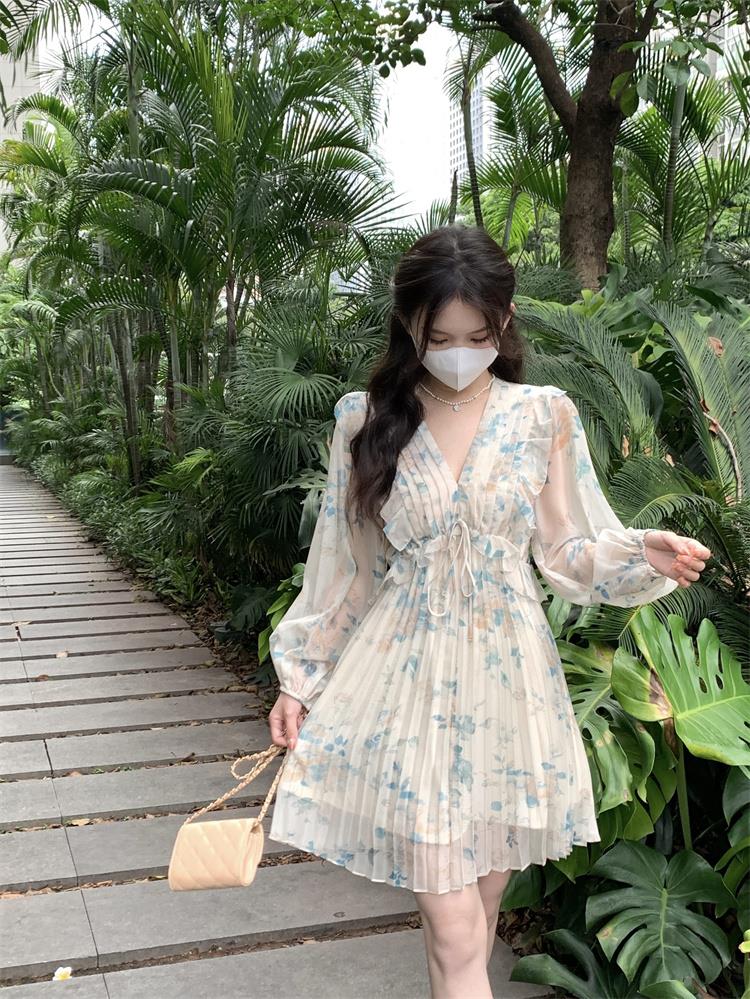 폴시띠아 3size 롱숏 V넥 프릴 벌룬 플라워 소매퍼프 플리츠 주름 슬림핏 A라인 플레어 미니 원피스 롱 원피스 러블리