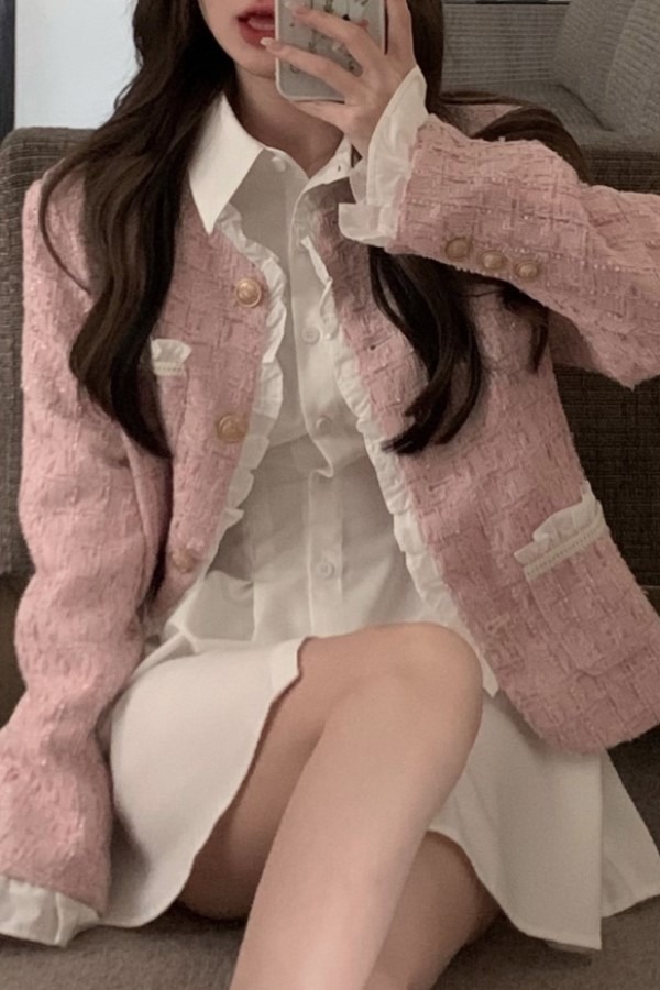 핑크프릴 Set 핑크 트위드 프릴 긴팔 러블리 자켓 폴로 카라 브이넥 긴팔 슬리밍 미니 원피스 투피스 세트