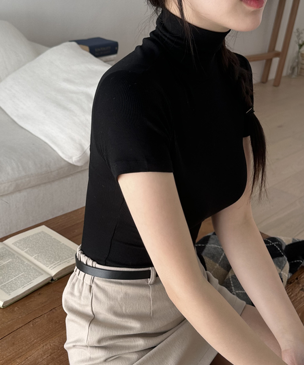 그린블로썸 블랙 당일발송 캡소매 소프트 찰랑 레이온 스판 하이넥 잔골지 슬림핏 폴라 반팔티 레이어드용 이너용 교복이너템 무료배송