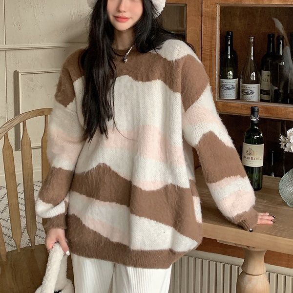 배색 스트라이프 라운드넥 니트 티셔츠 결혼식투피스 하객 가을 데이트 데일리 오피스룩 니트티 오피스룩 캐주얼 러블리 봄 맨투맨 카디건